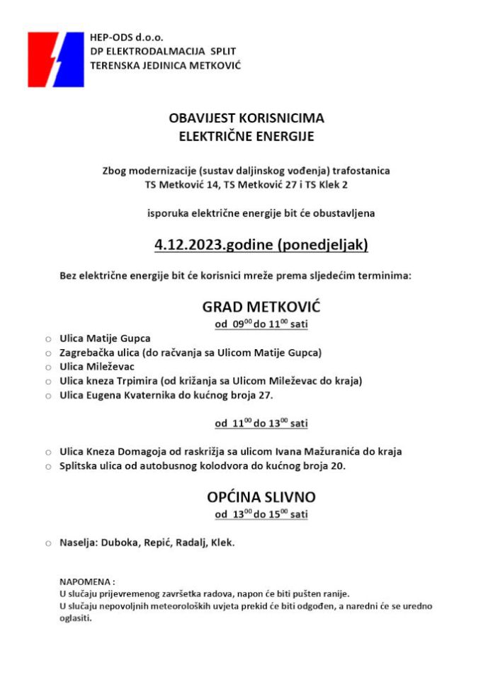 Obavijest iz HEP-a: Evo tko će sve u ponedjeljak biti bez struje ...